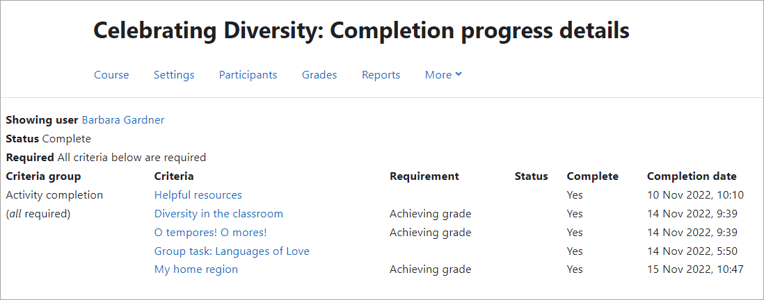 Course completion report - MoodleDocs
